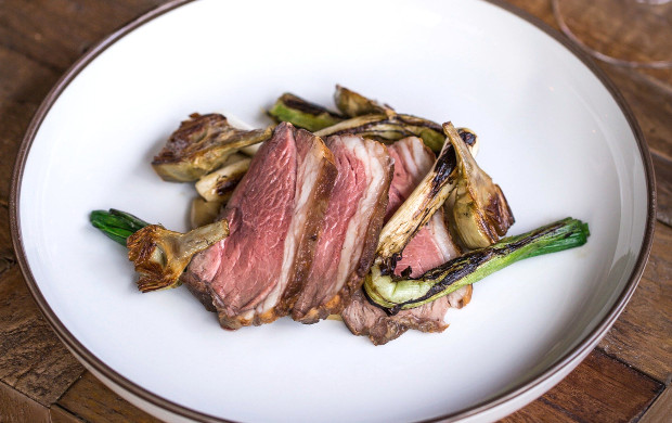 Roasted lamb with charred Calçot onions, artichokes and salsify purée ...